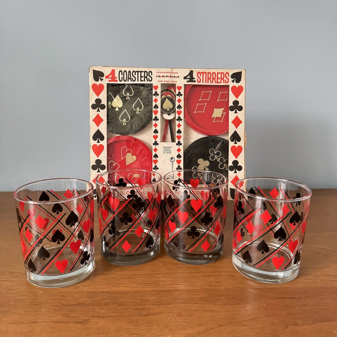 Set of 4 Vintage Libbey Card Suits Low Ball Cocktail Glasses With NOS ...