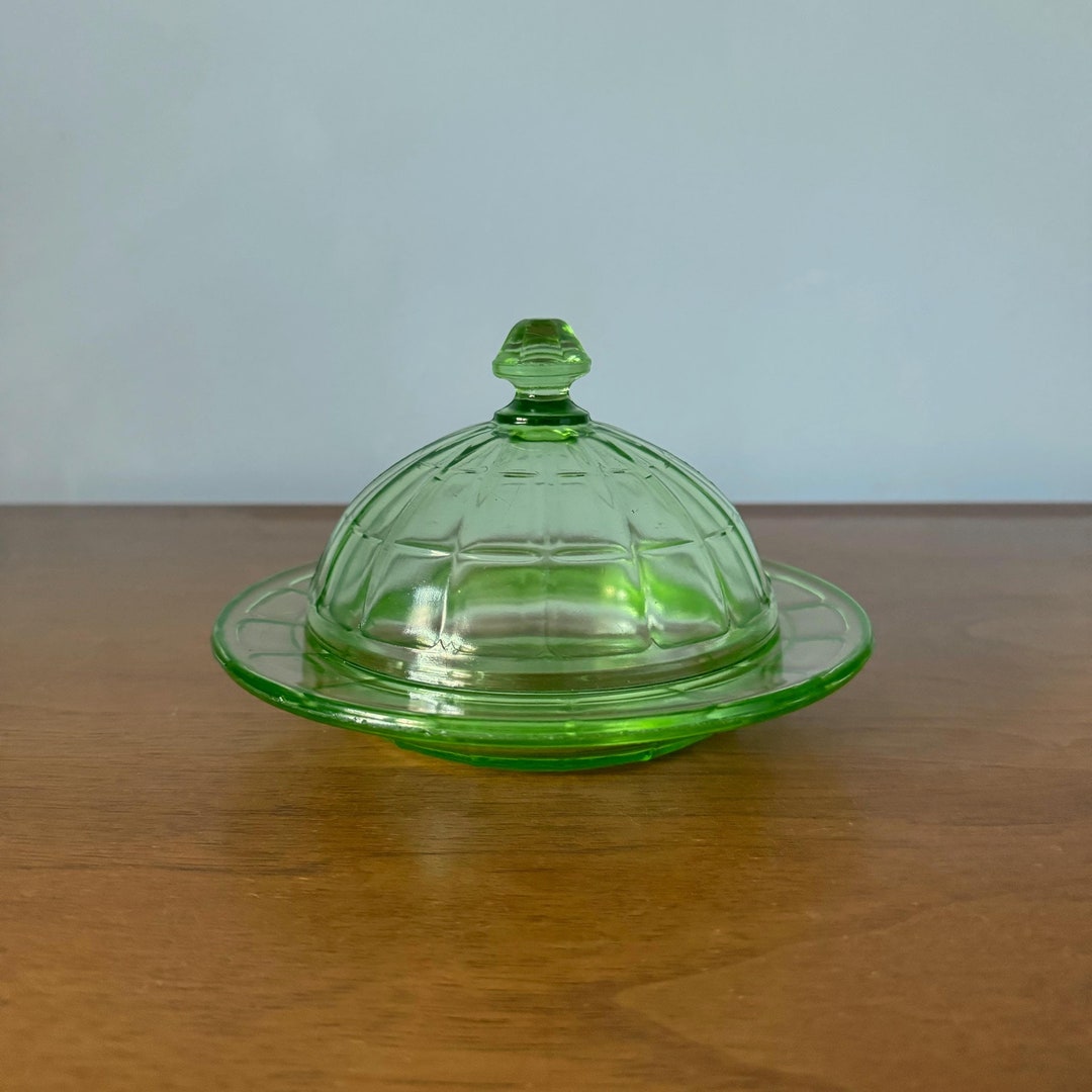 Antique Hazel Atlas Green Depression Glass Paneled Dome Butter Dish ...