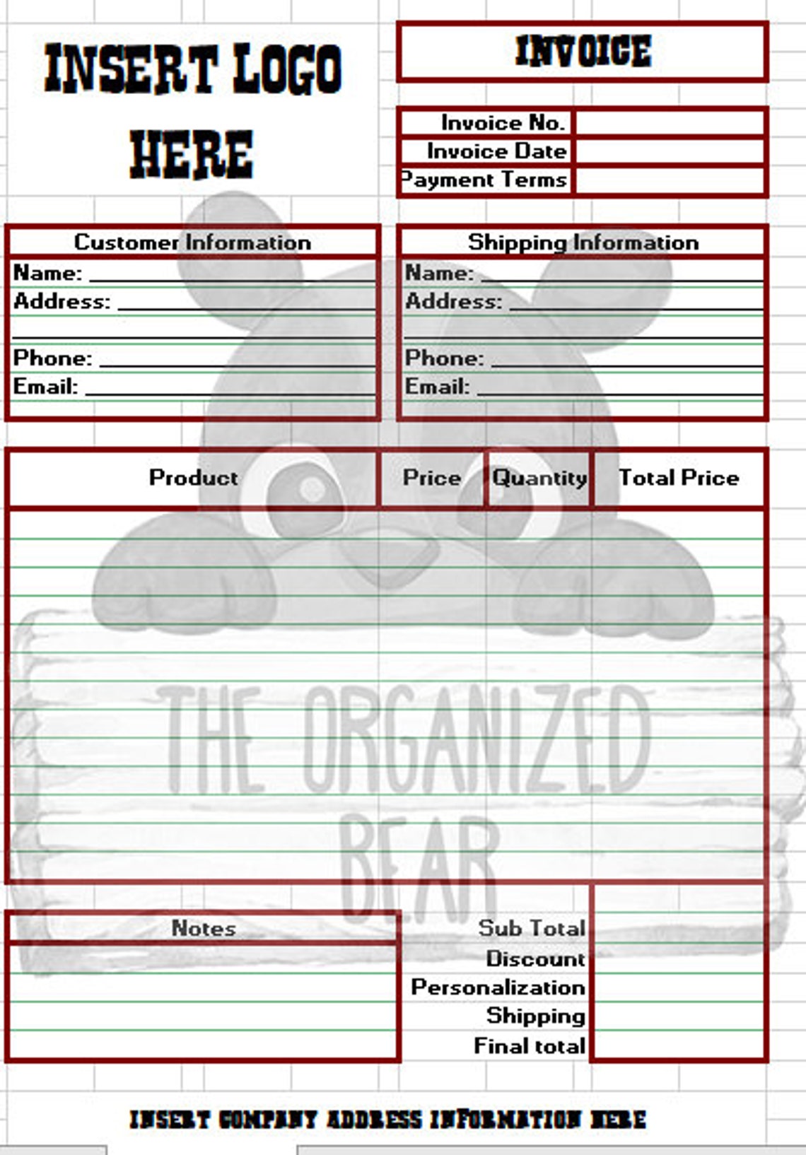 Printable Invoice/ Business Invoice/ Excel Invoice/order Form/ Invoice ...
