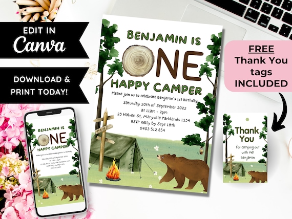 One Happy Camper Invitation Camping First Birthday Invite - Etsy