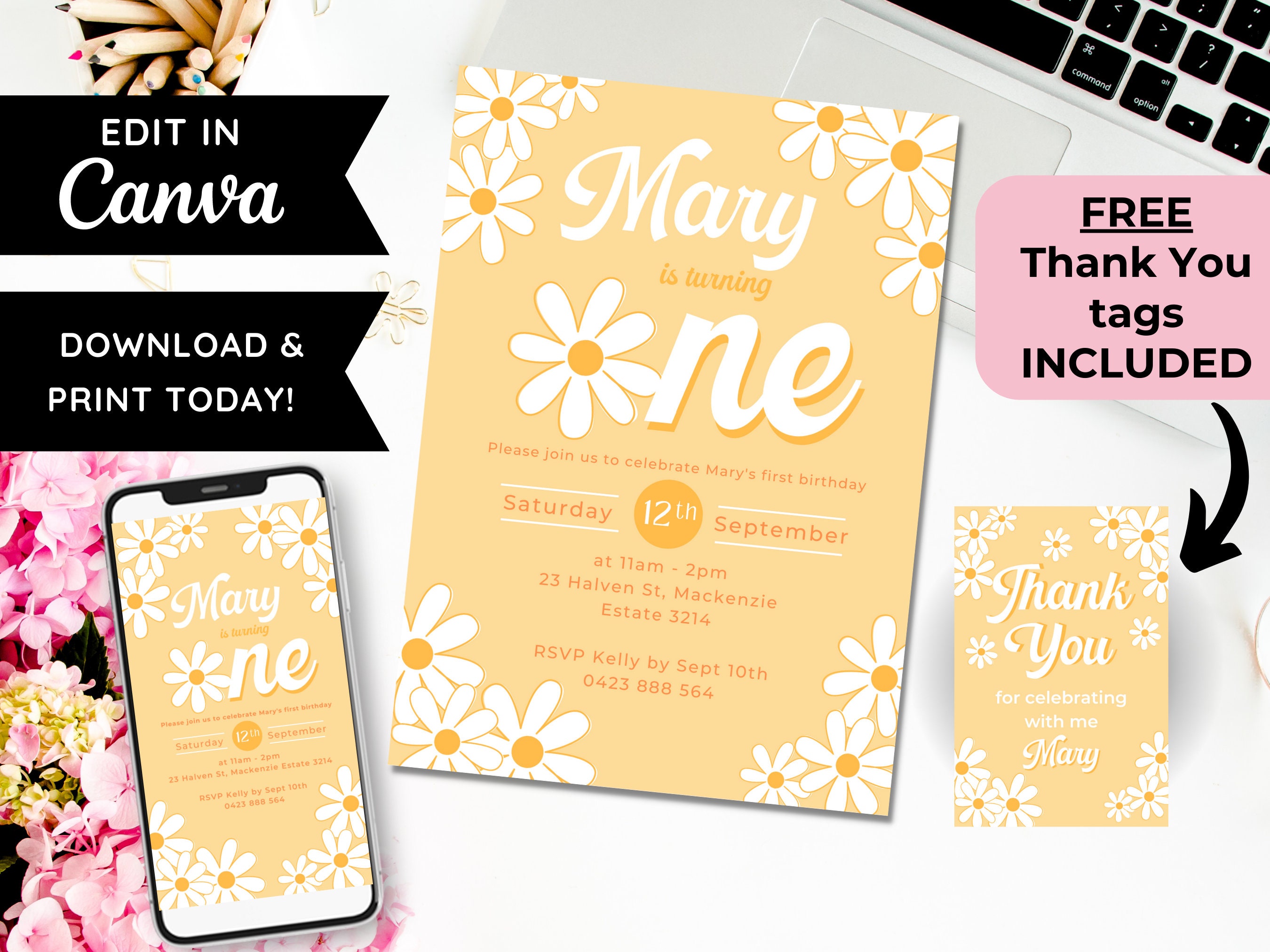 Daisy Invitation, Daisy First Birthday, Daisy Birthday Party, Retro 70 ...