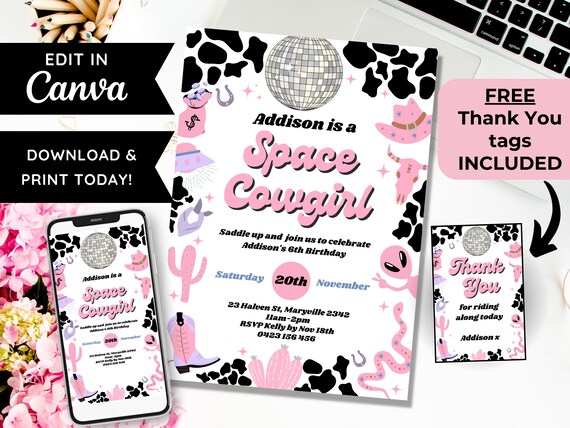 Space Cowgirl Disco Birthday Invite, Pink Cosmic Nashville Evite, Retro ...
