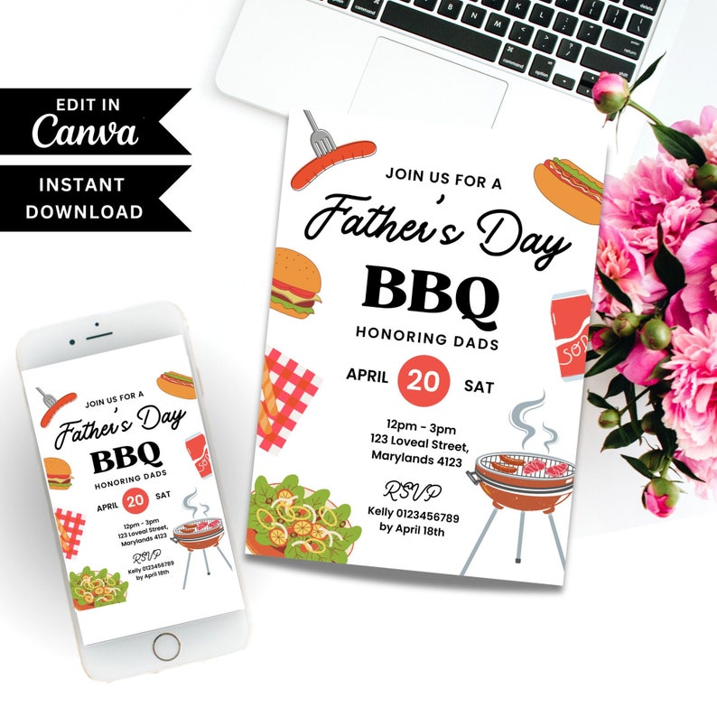 Happy Fathers Day Canva Template Barbecue Digital Invitation, BBQ ...