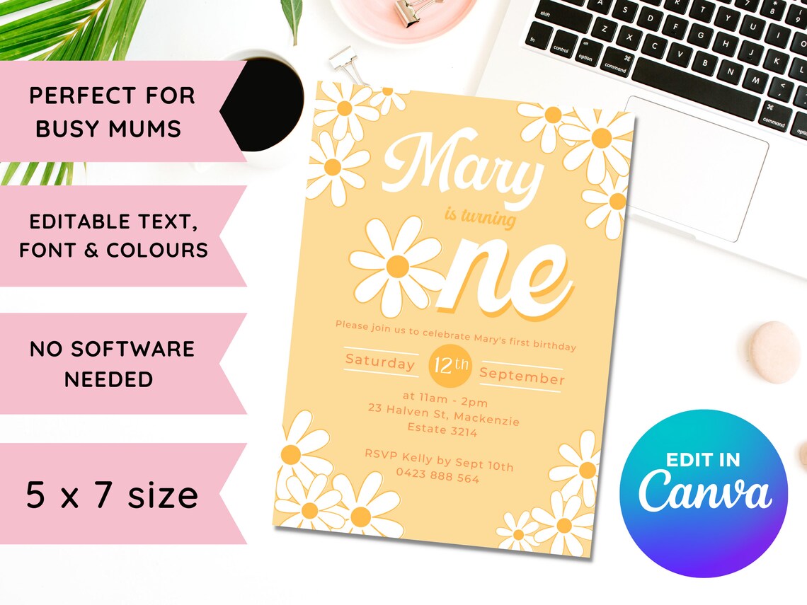 Daisy Invitation, Daisy First Birthday, Daisy Birthday Party, Retro 70 ...