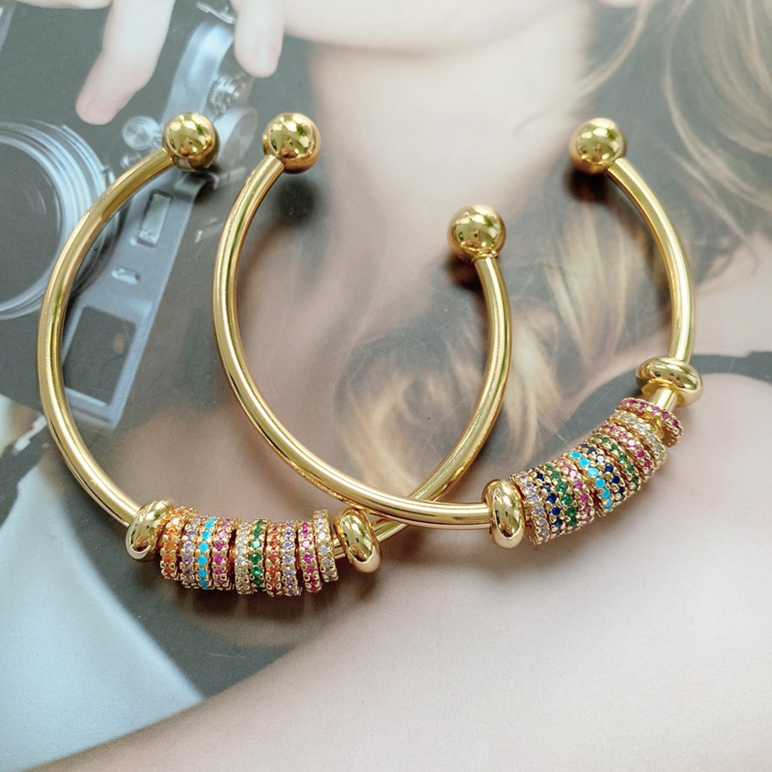 5pcs Romantic Colorful CZ Spacer Beads Open Cuff Bangles - Etsy