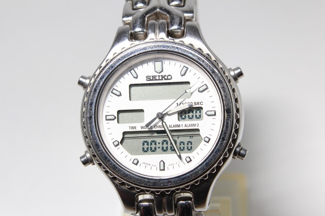 SEIKO DUO-DISPLAY Quartz H021-8050 Analog Digital Vintage Watch Japan ...