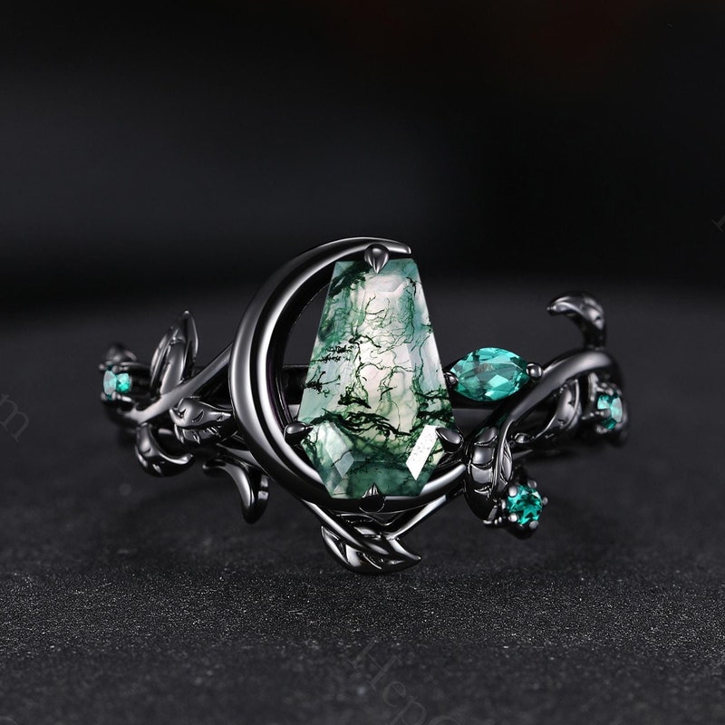 Moss Agate Coffin Moon Ring - Etsy