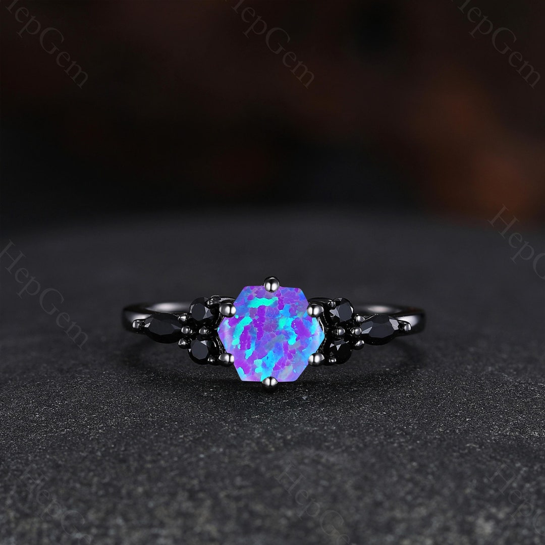 Unique Purple Opal Ring 14K Black Gold Lavender Opal Ring Hexagon Purple Opal Engagement Ring ...