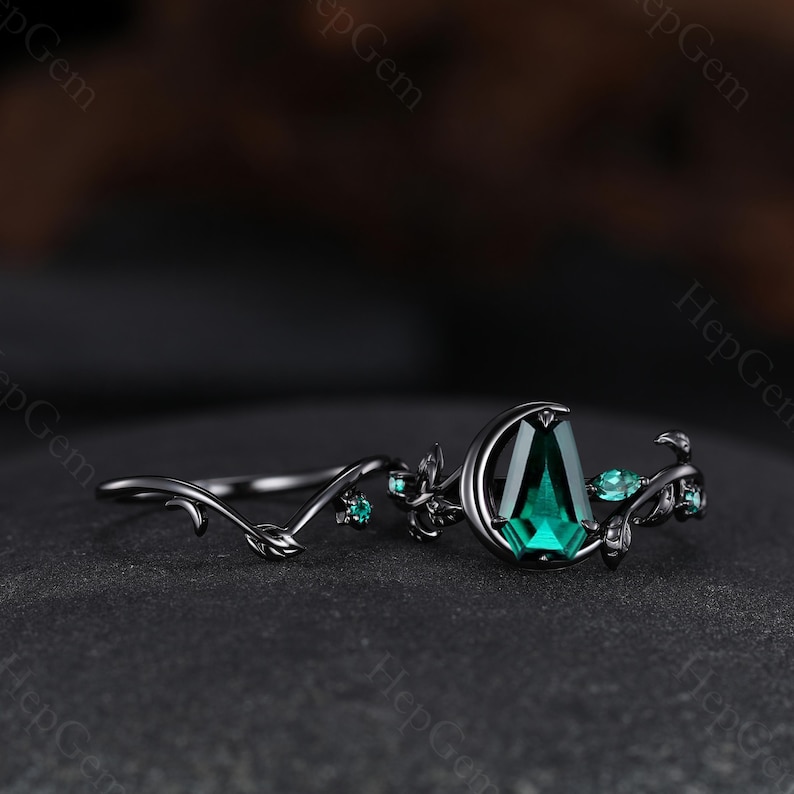Vintage Coffin Shape Emerald Engagement Ring Set Moon Stone Ring Nature ...