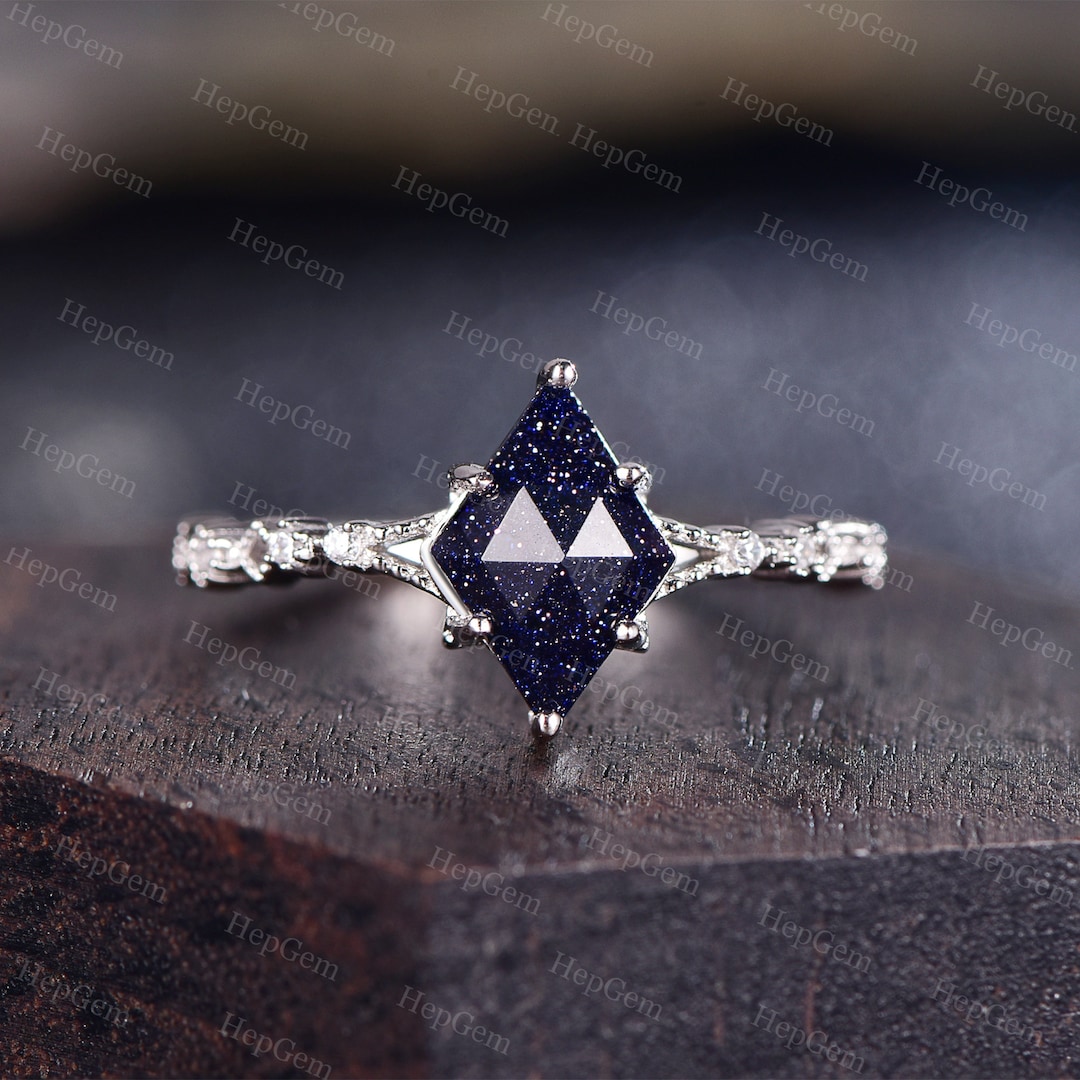 Galaxy Rhombus Blue Sandstone Engagement Ring Set Curved Moissanite ...