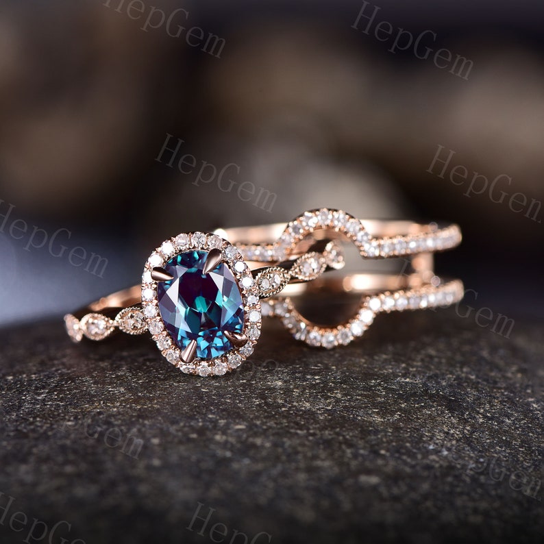 Oval Cut Alexandrite Engagement Ring Set Rose Gold Vintage - Etsy