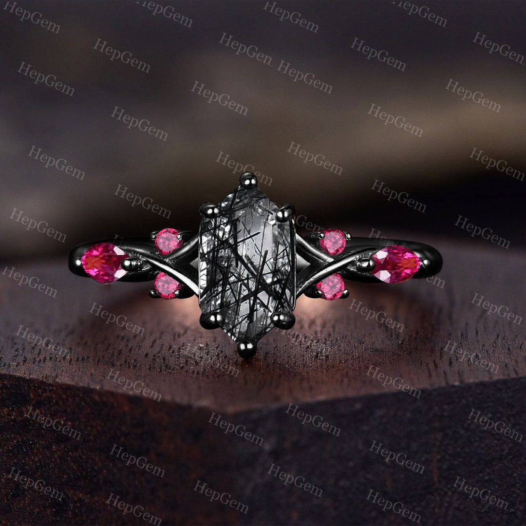 Black Rutilated Quartz Ring Black Gold Ruby Ring Natural Quartz Ring ...