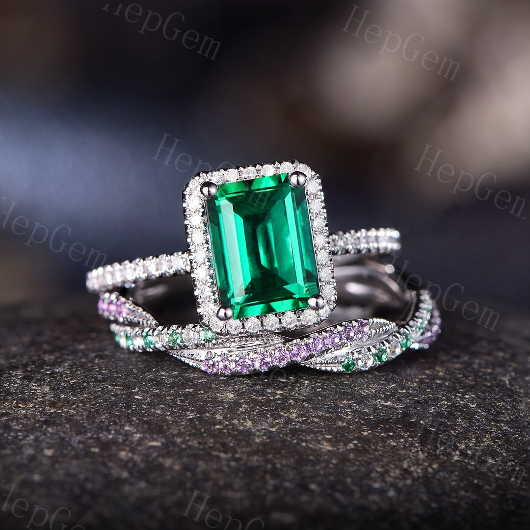 Vintage Emerald Engagement Ring Set/full Eternity Amethyst Emerald ...
