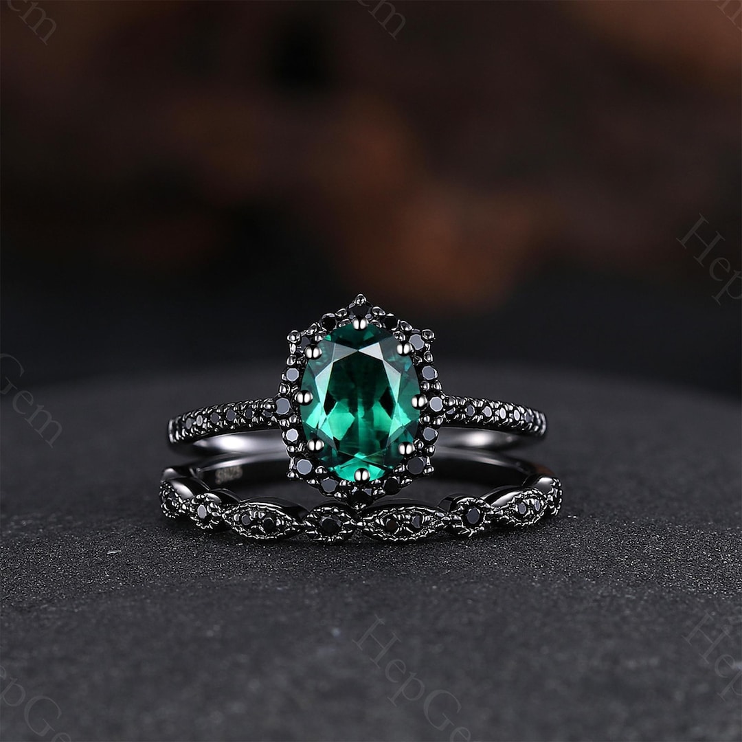 Vintage Emerald Engagement Ring Set Black Gold Oval Dark Green Stone ...