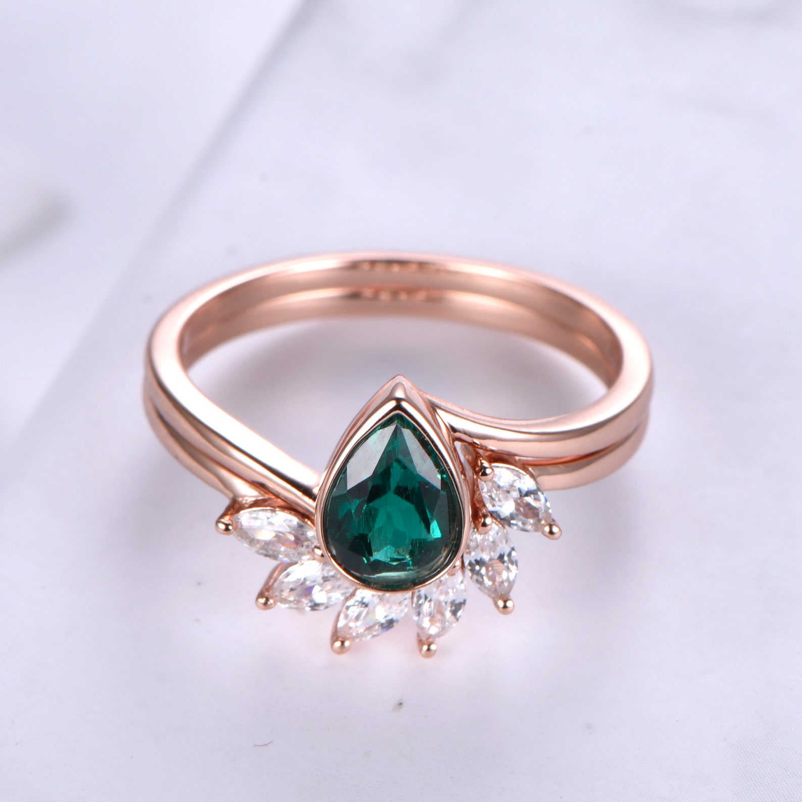 Vintage Teardrop Emerald Engagement Ring Set Rose Gold Emerald Etsy