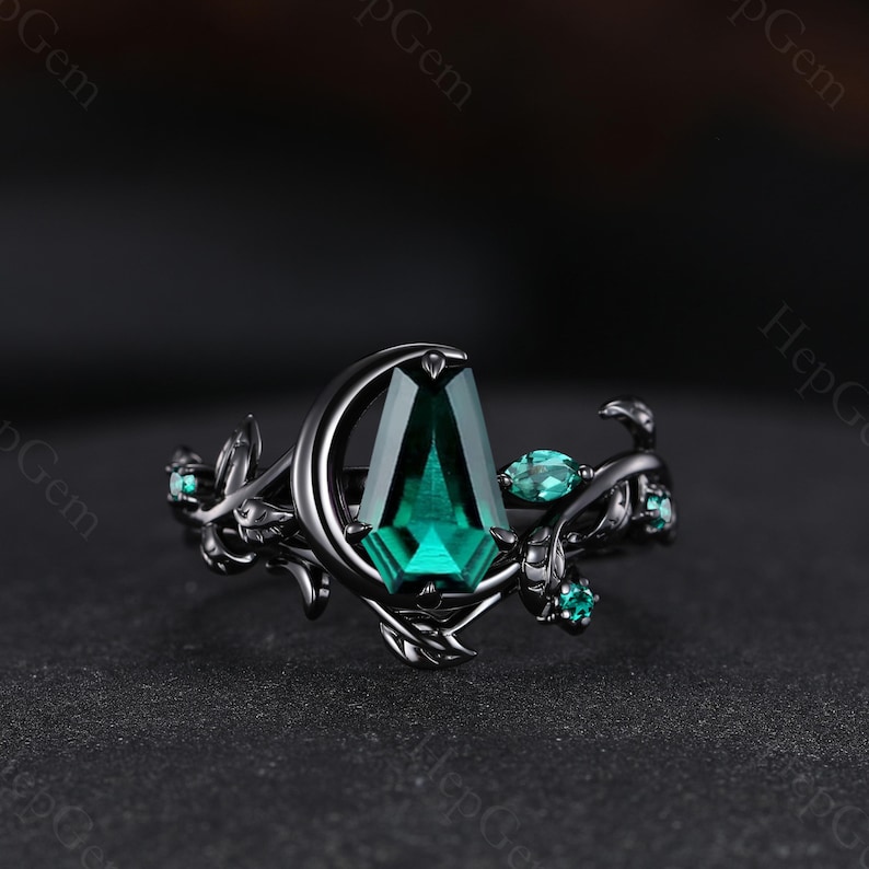 Vintage Coffin Shape Emerald Engagement Ring Set Moon Stone Ring Nature ...