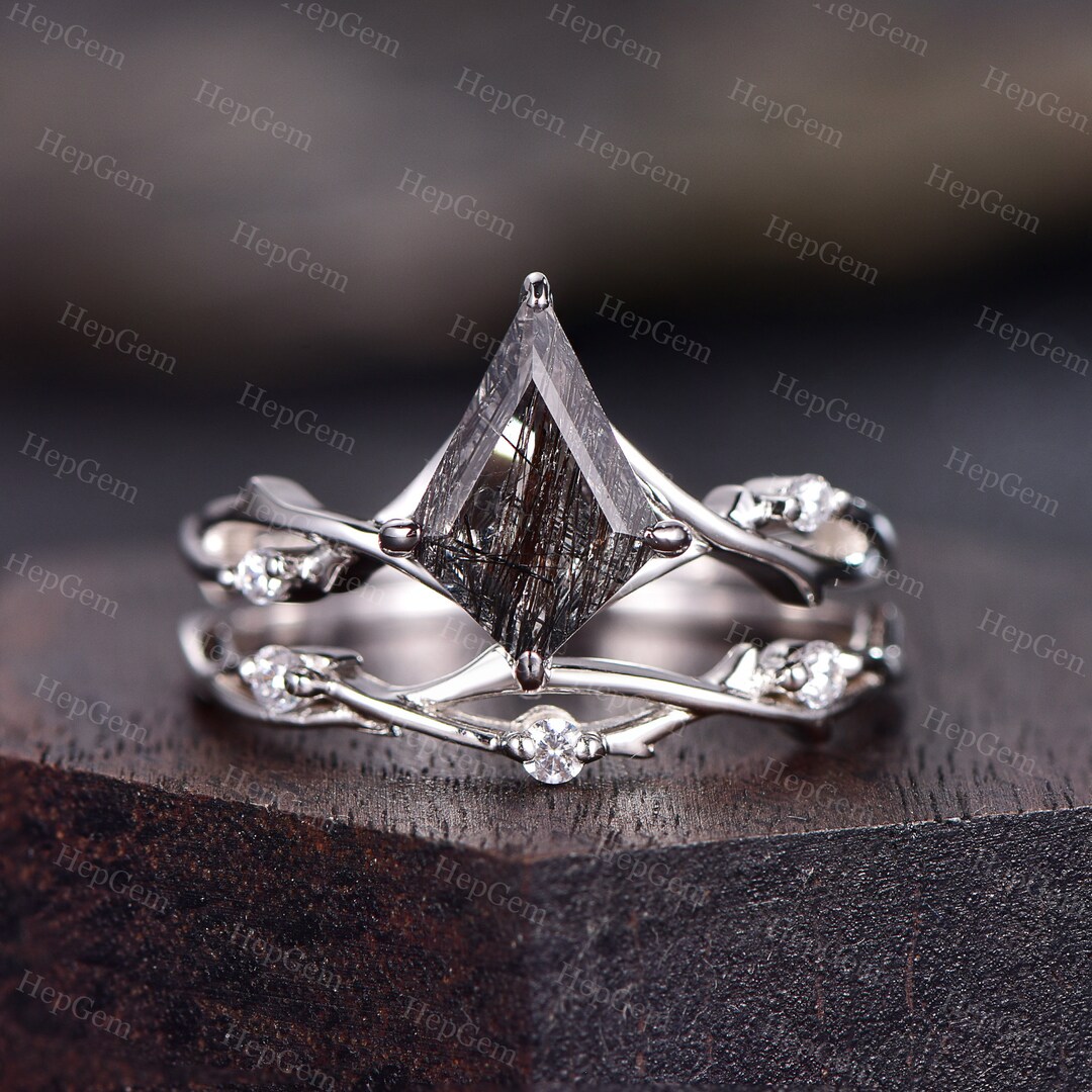 Kite Shaped Black Rutilated Quartz Dainty Twig Engagement Ring Set ...