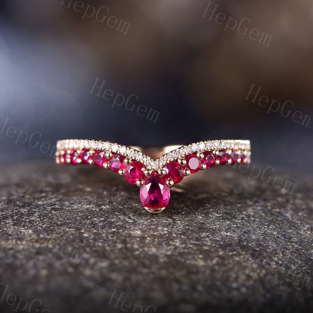 Vintage Round Ruby Stack Wedding Ring Silver Diamond Micro Pave Band ...