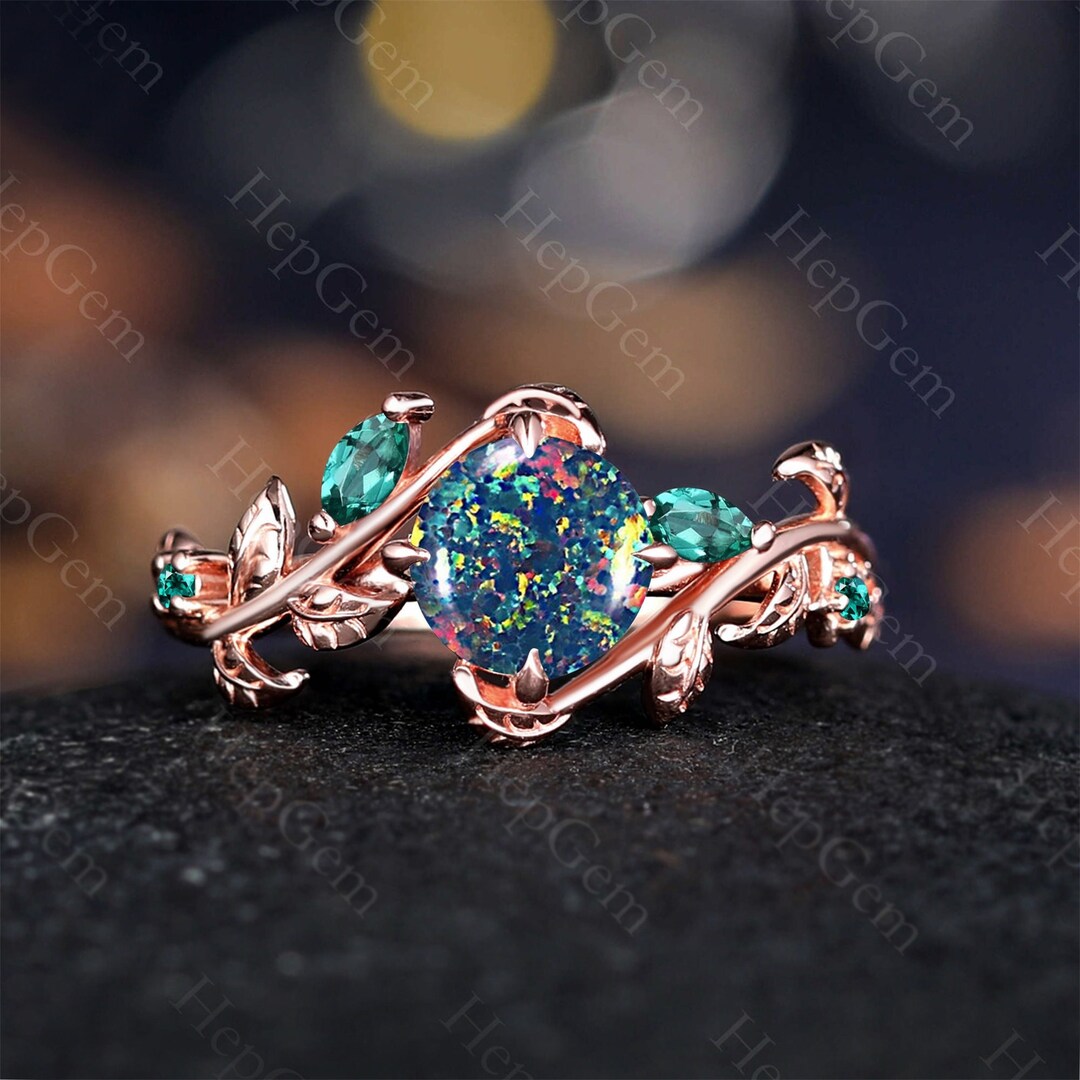 Natural Black Opal Ring Rose Gold Black Opal Ring Fire Opal Ring Black Fire Opal Ring Round ...