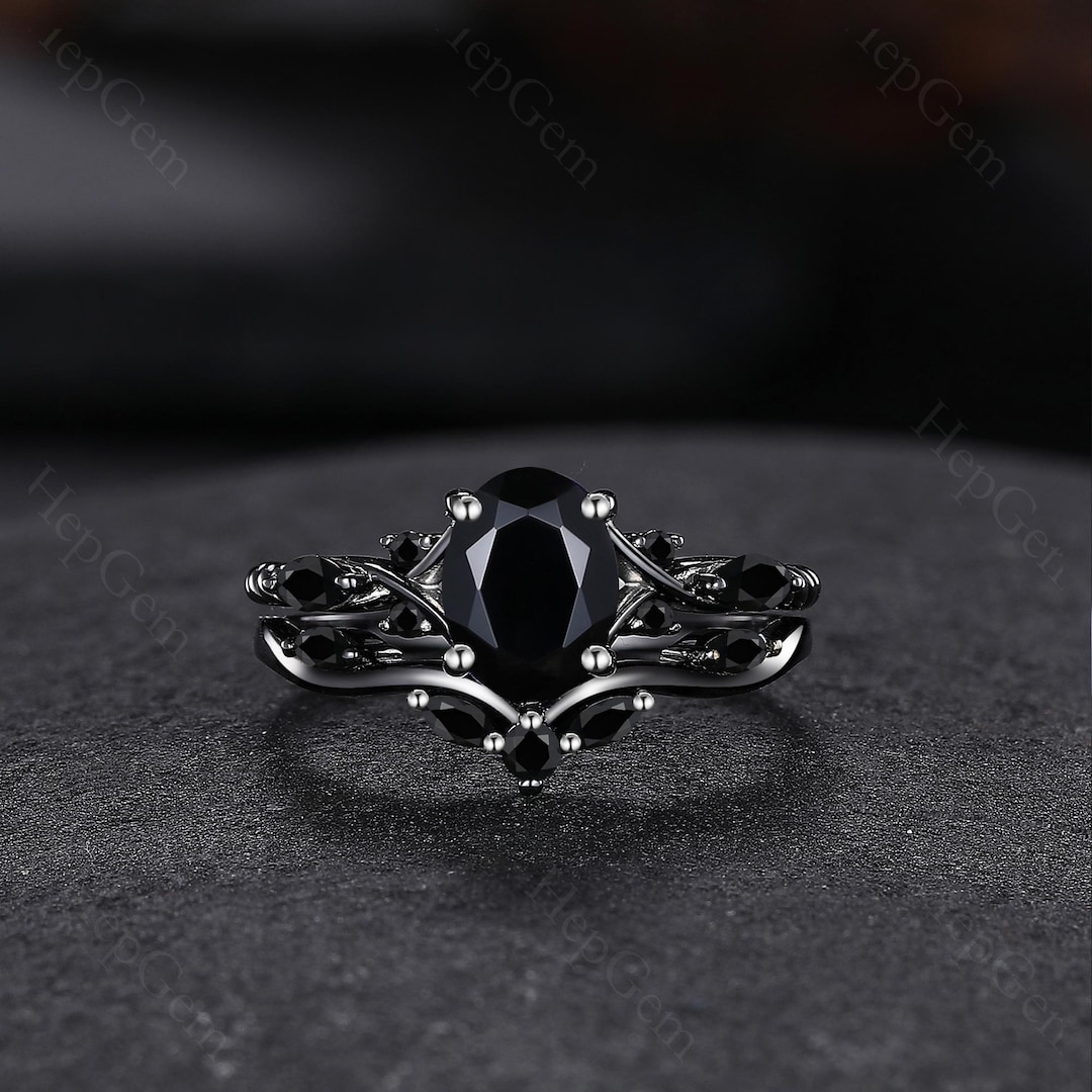 Gothic Black Onyx Wedding Ring Set 14K Black Gold Black Diamond Promise ...