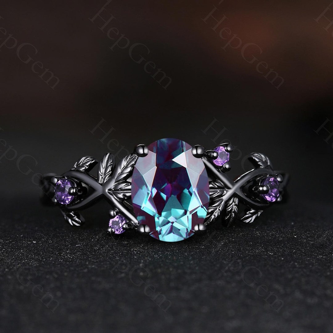 Oval Cut Alexandrite Ring, Black Gold Leaf Inspired Amethyst Engagement ...