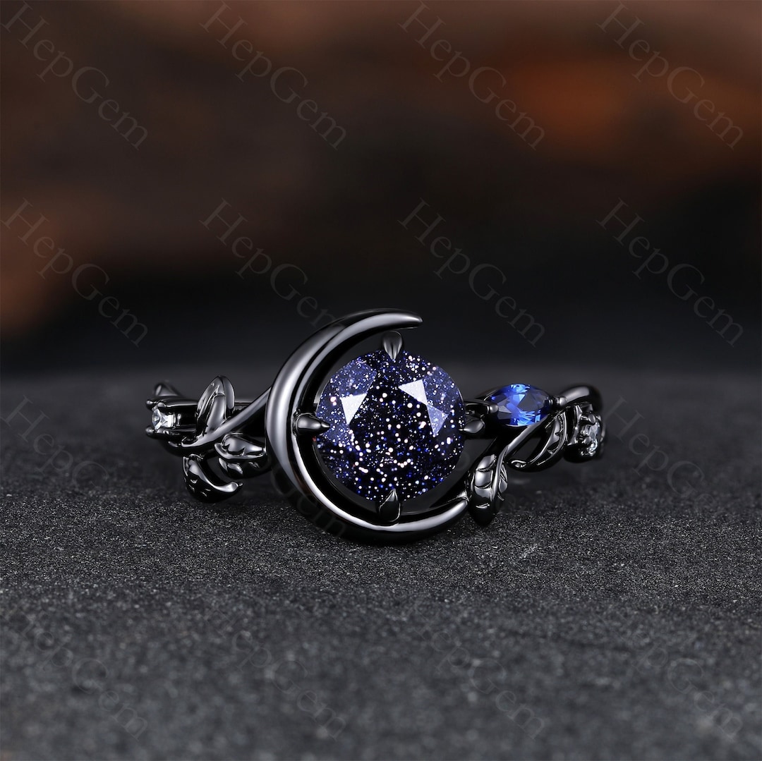 Nature Inspired Natural Blue Sandstone Ring Moon Star Design Vintage ...