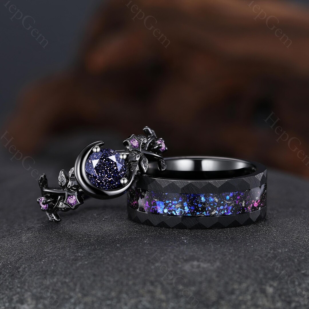Galaxy Blue Sandstone Crescent Moon Couple Rings Black Gold Orion ...