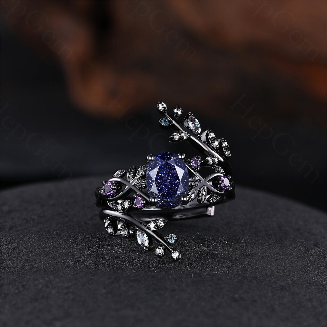 Galaxy Sandstone Ring Set, Oval Blue Sandstone Engagement Ring ...