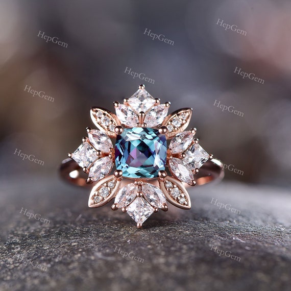 Cluster Alexandrite Engagement Ring Vintage Art Deco Halo | Etsy