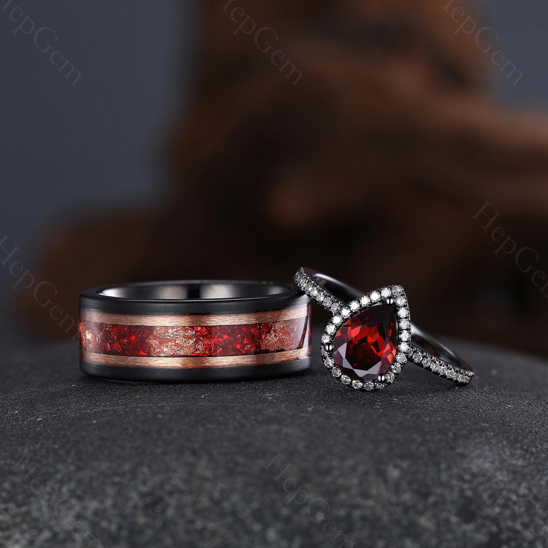 Gothic Garnet Couple Ring Sets His and Hers Matching Wedding Band Pear ...