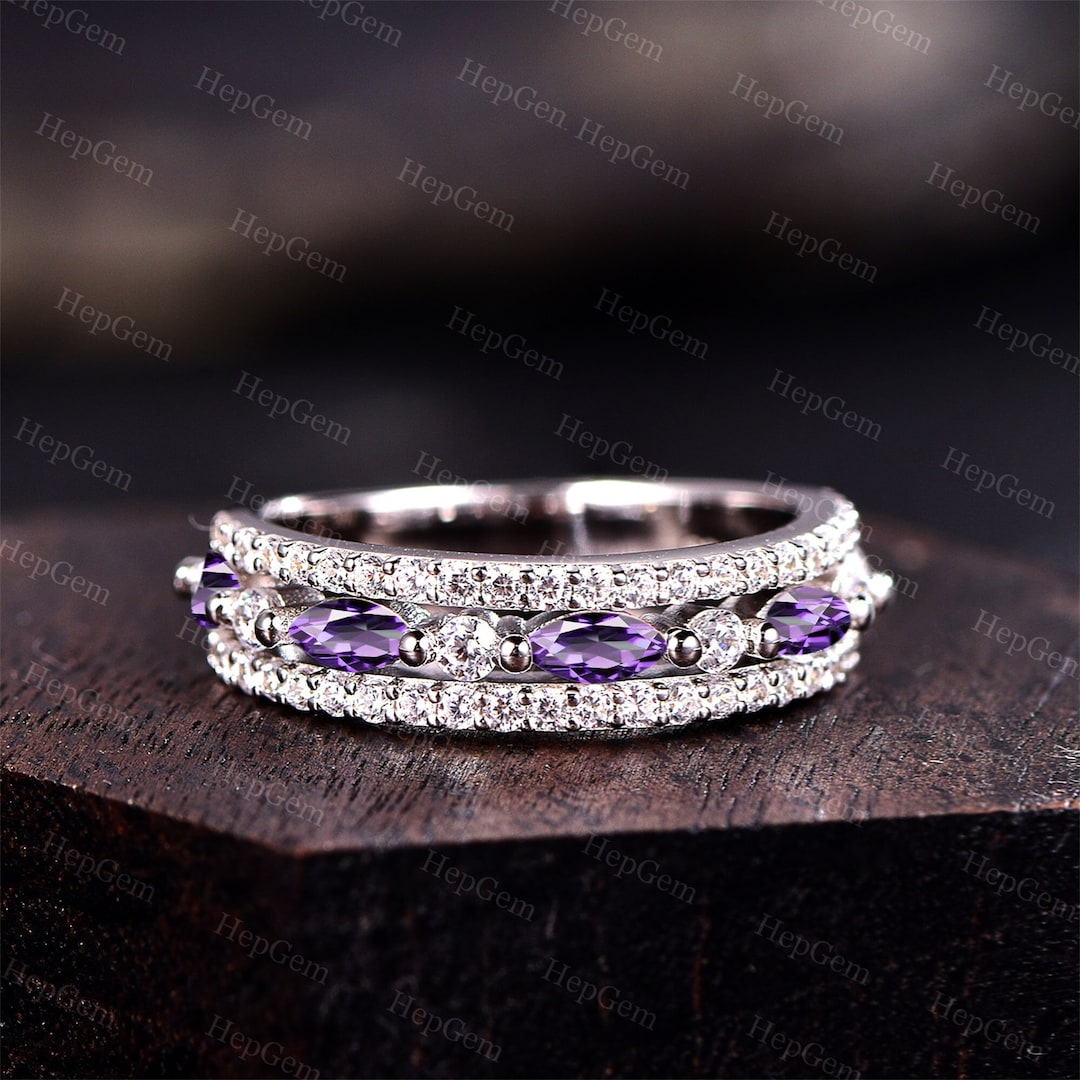 Cluster Amethyst Stack Wedding Ring Half Eternity Marquise Band 14K White Gold Anniversary Ring ...
