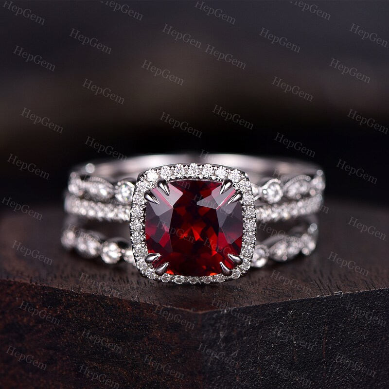 Garnet Engagement Ring Set - Etsy