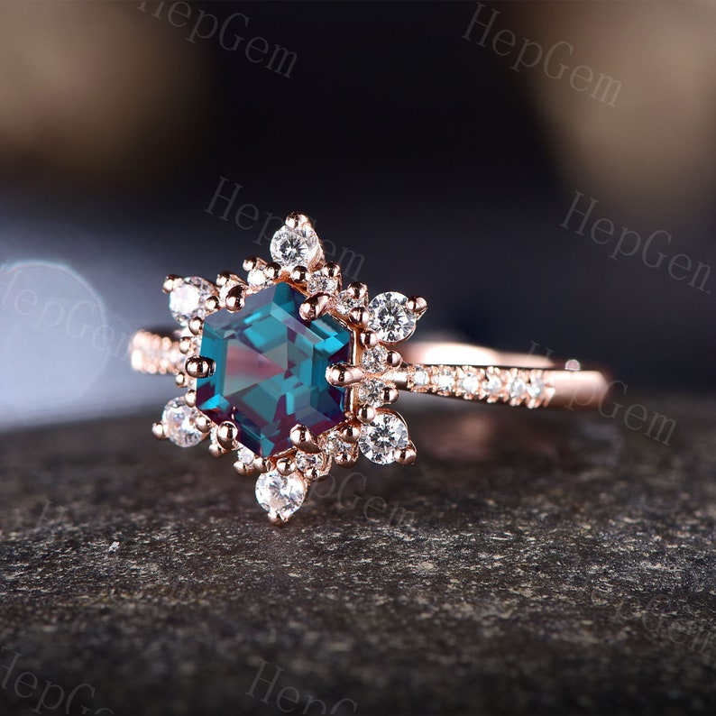 Vintage Snowflake Alexandrite Engagement Ring Hexagon Alexandrite ...
