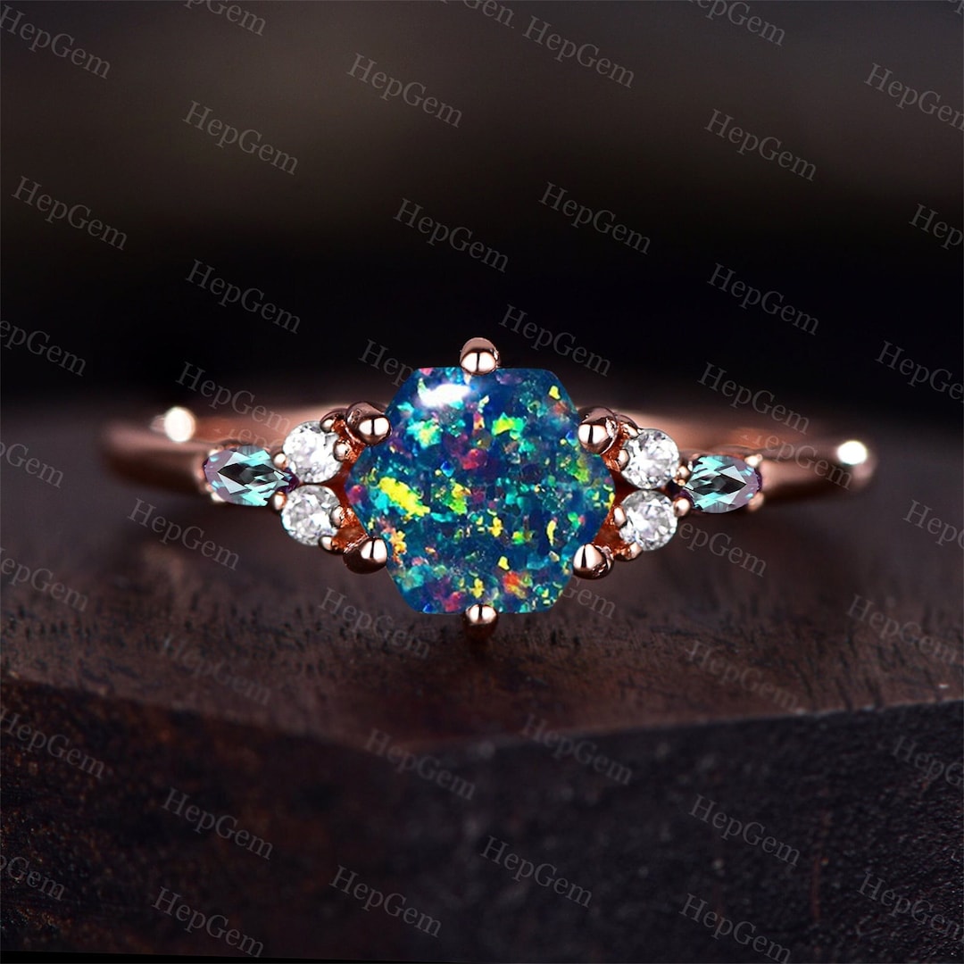 Natural Black Opal Ring Rose Gold Alexandrite Ring Fire Opal Ring Black ...