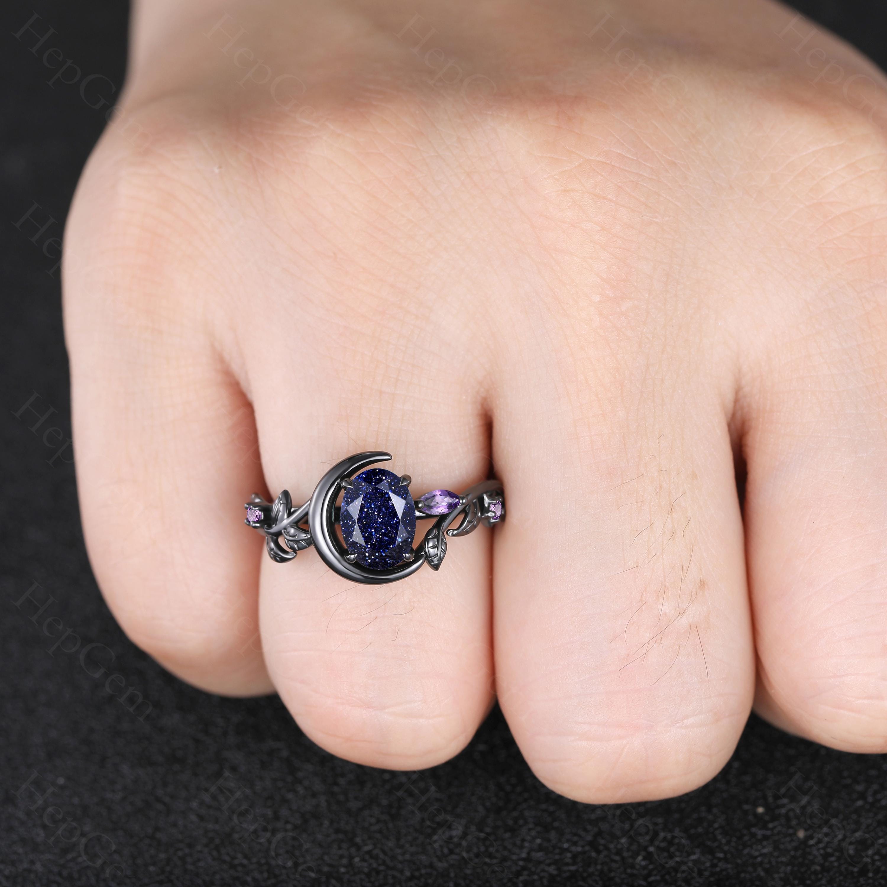 Natural Blue Sandstone Ring Set Moon Star Design Vintage Oval Sandstone ...