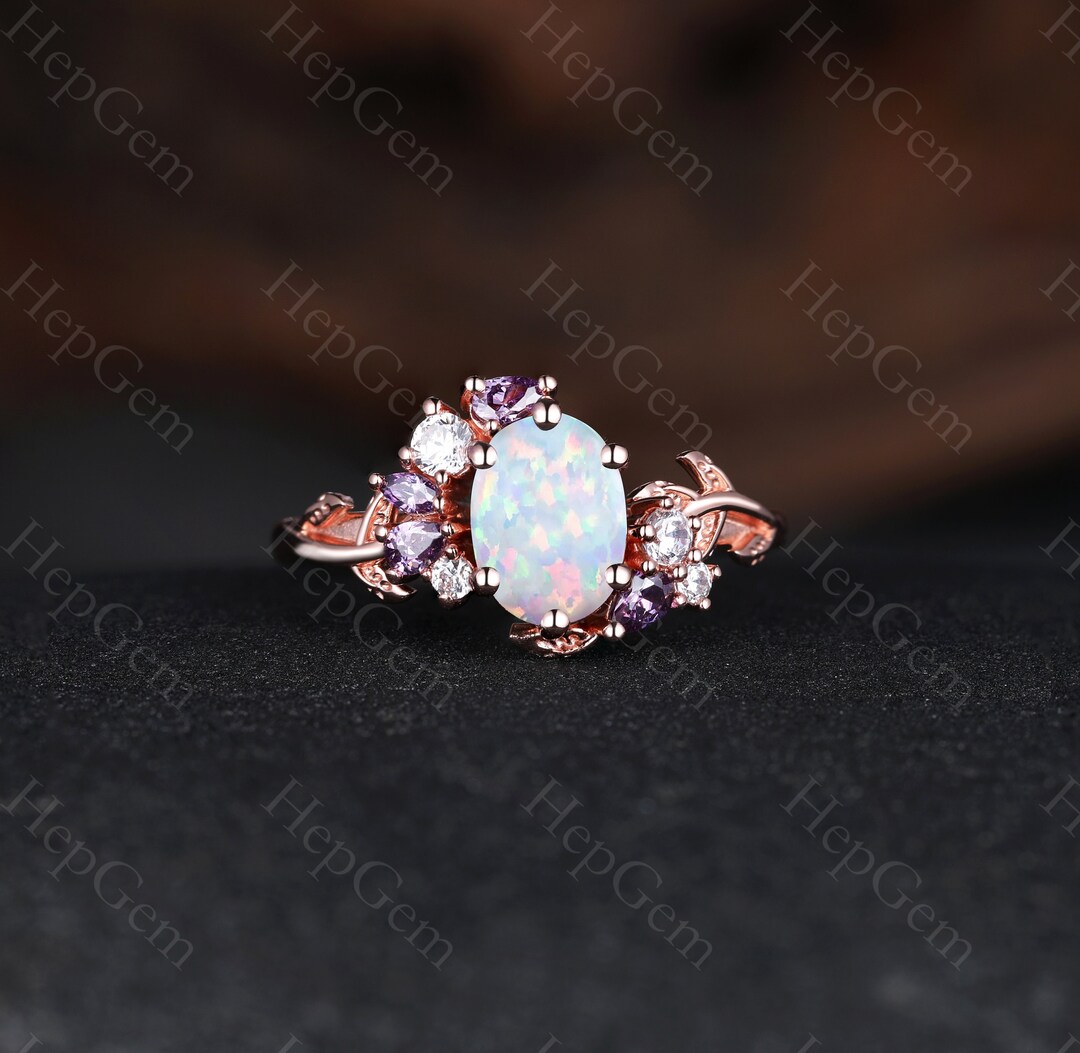 Oval Opal Ring, 14K Rose Gold, Silver Opal Ring, White Opal Ring, Opal ...