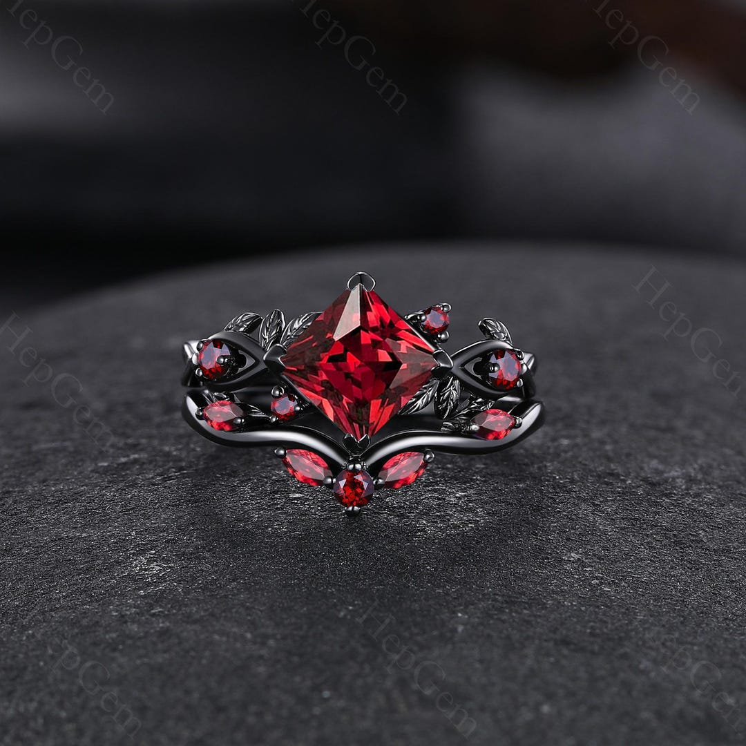 Unique Princess Garnet Engagement Ring Set Nature Inspired Leaf Branch ...