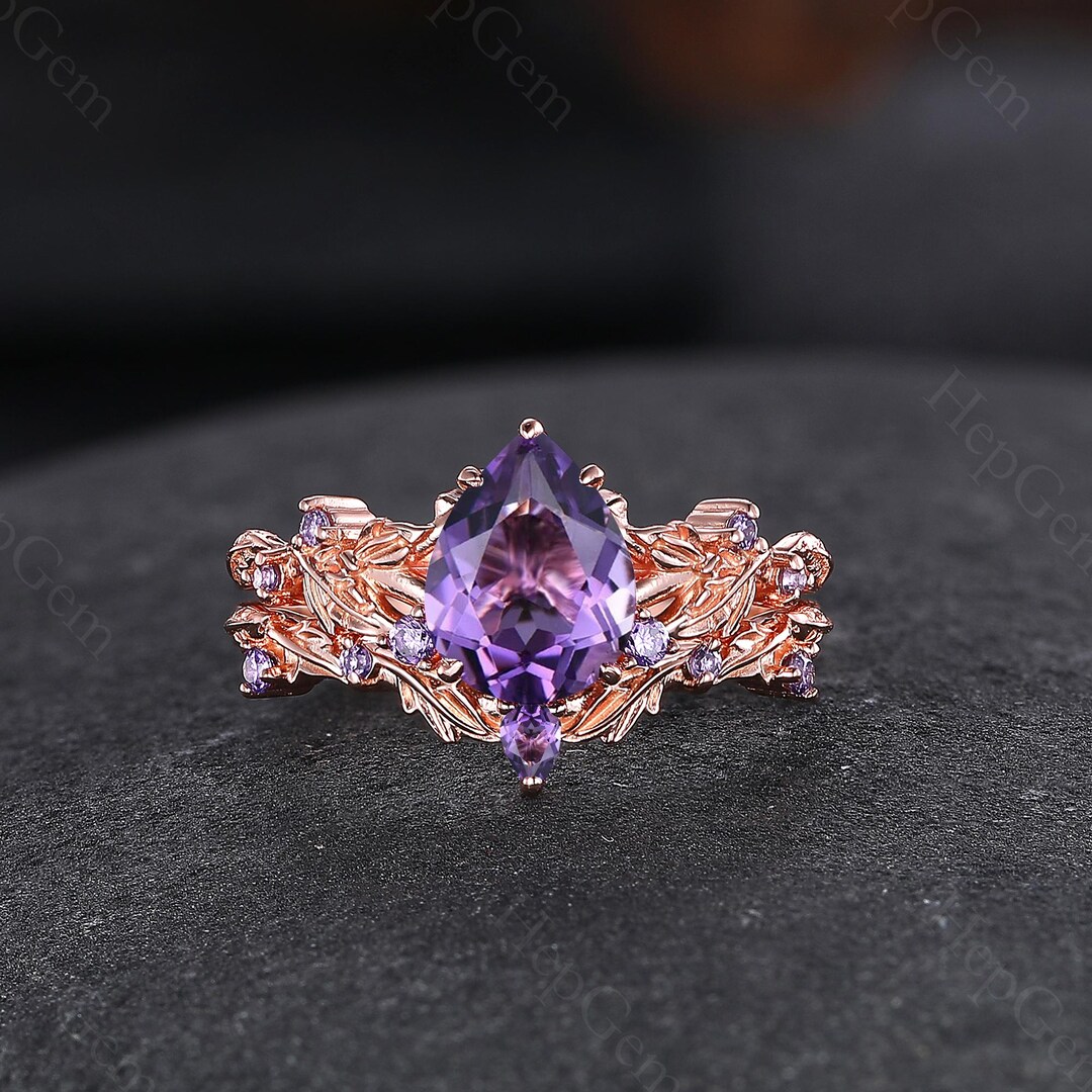 Vintage Rose Gold Amethyst Engagement Ring Nature Inspired Leaf Vine ...