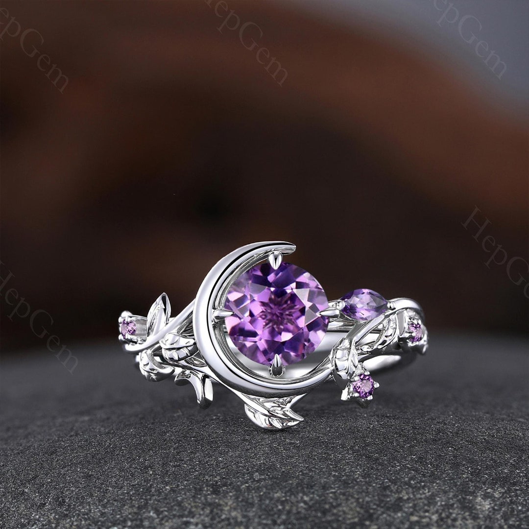 Vintage Round Cut Amethyst Moon Engagement Ring Moon Design Sterling ...