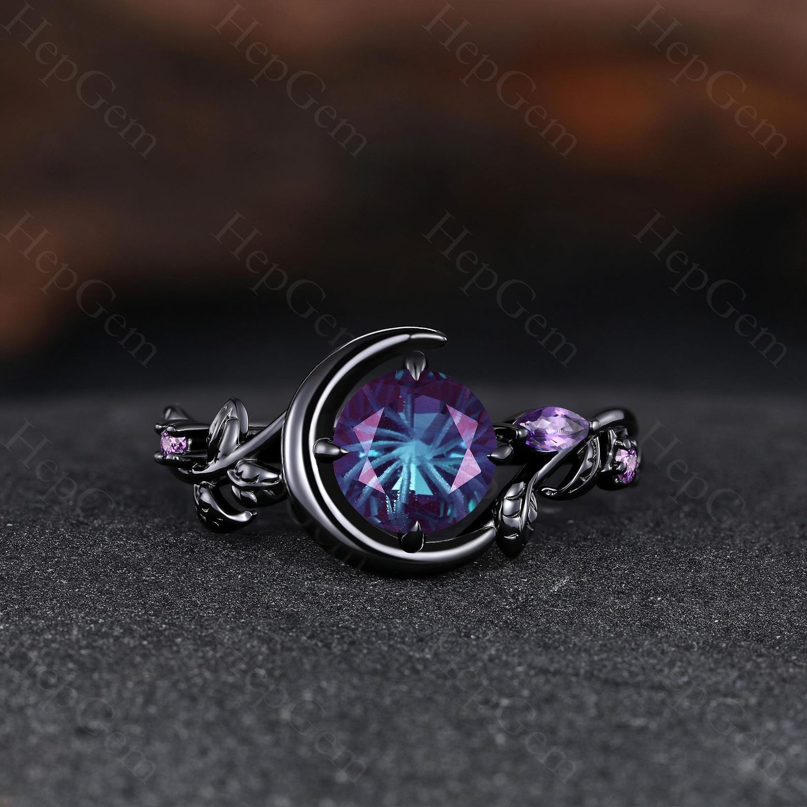 Firework Cut Alexandrite Engagement Ring Handmade Gothic Moon Ring ...