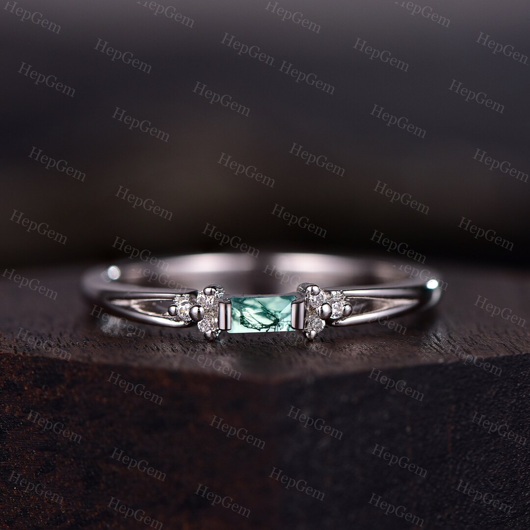 Minimalist Moss Agate Wedding Band Art Deco Anniversary Ring Sterling ...