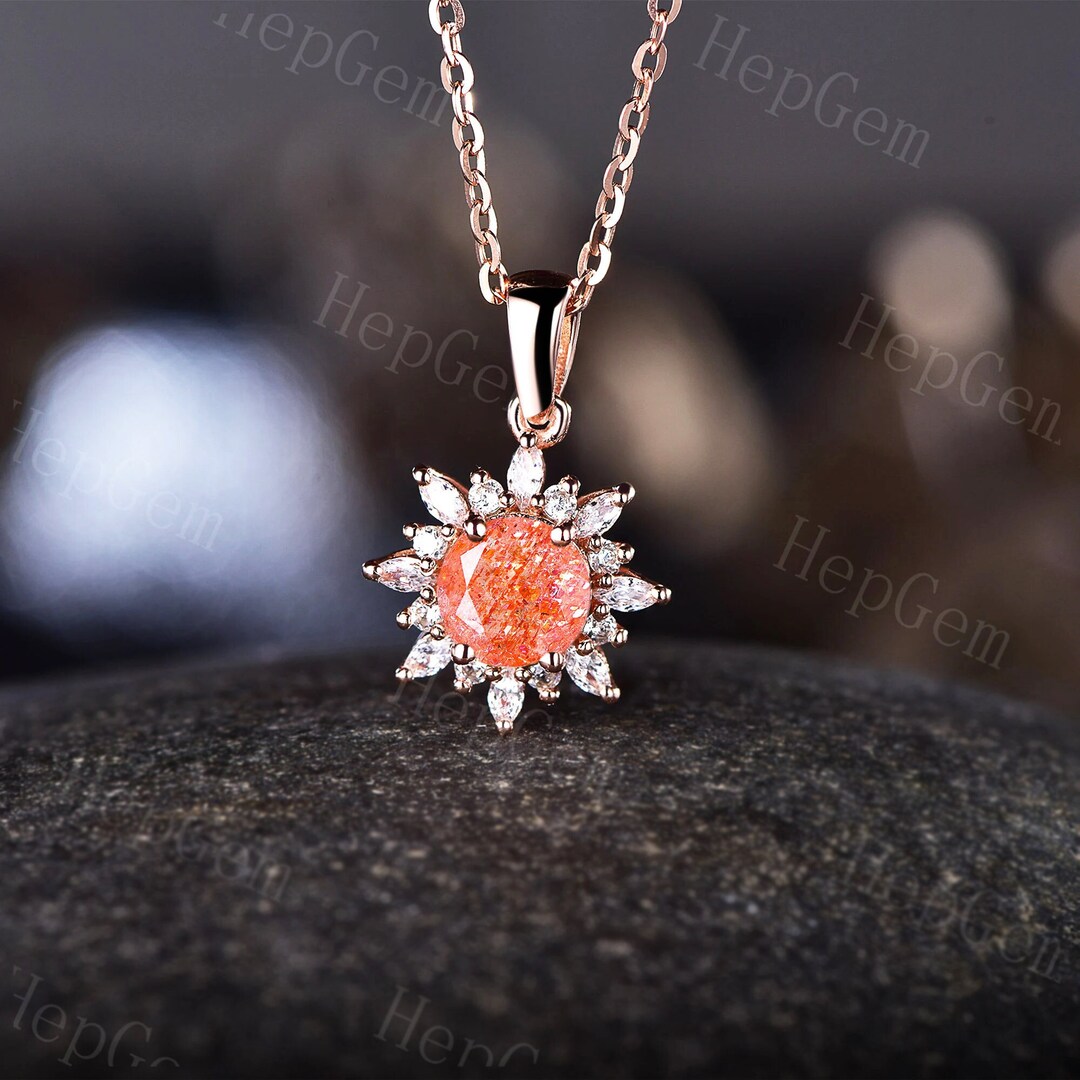 1ct Sunstone Necklace,vintage Round Natural Sunstone Pendant,pink ...