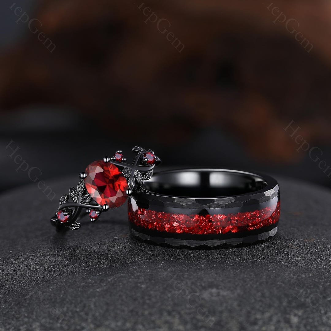 Gothic Garnet Couples Ring Set His and Hers Matching Wedding Band Moon ...