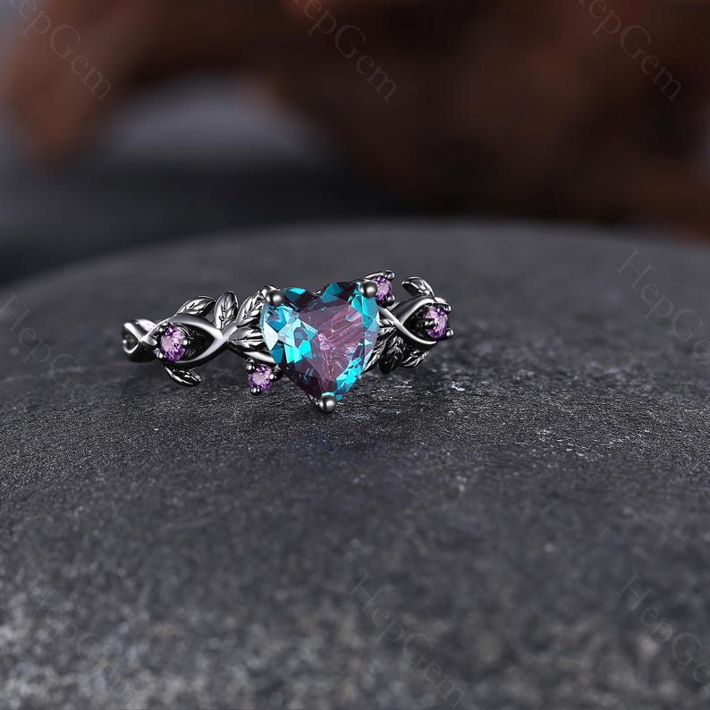 Gothic Alexandrite Engagement Ring Heart Shape Alexandrite Wedding Ring ...