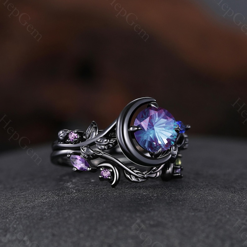 Firework Cut Alexandrite Engagement Ring Handmade Gothic Moon Ring ...