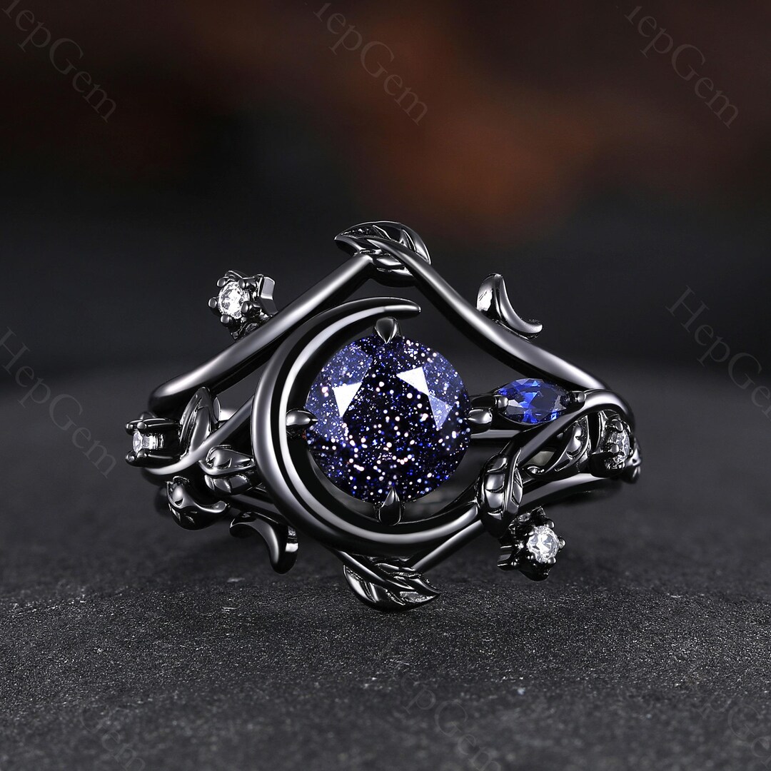 Vintage Round Sandstone Engagement Ring Set Black Gold Wedding Set ...