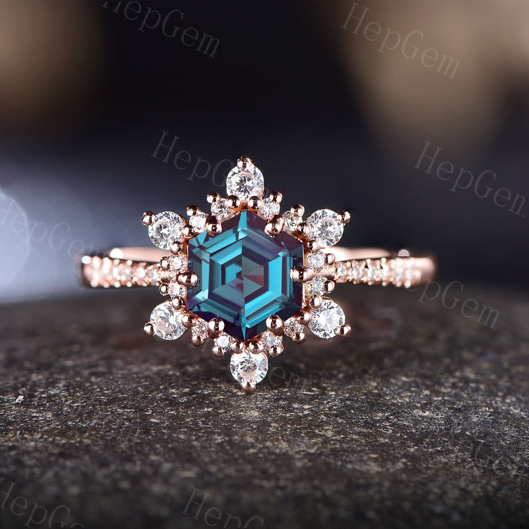 Vintage Snowflake Alexandrite Engagement Ring Hexagon Alexandrite ...