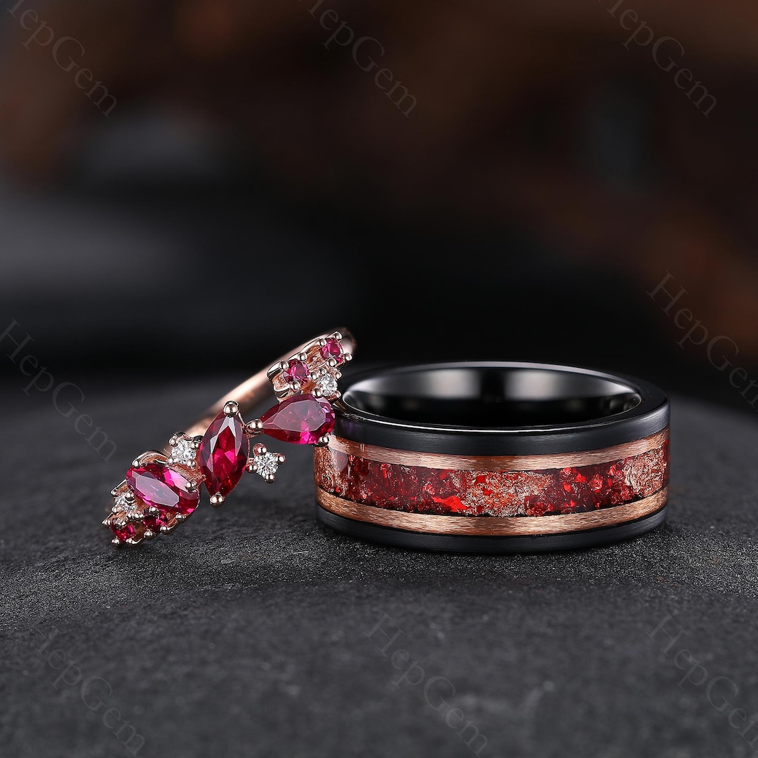 Gothic Garnet & Ruby Couples Ring Set His and Hers Matching Wedding ...