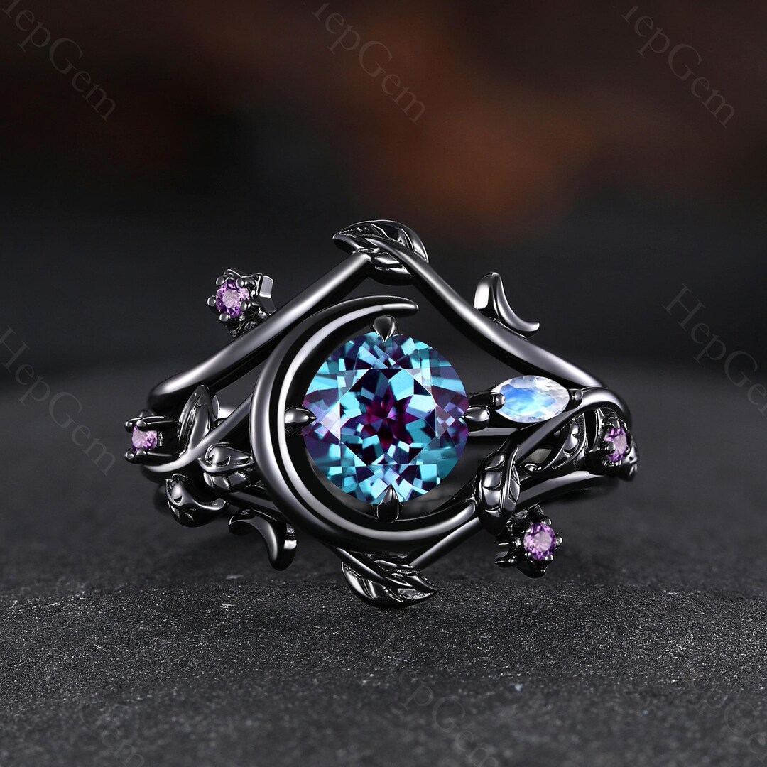 Nature Inspired Alexandrite Ring Set Moon Star Design Vintage Round ...