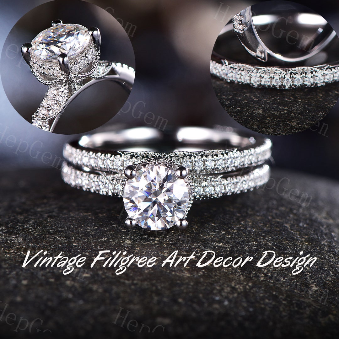 Round Moissanite Engagement Ring Set/silver White Gold/vintage Filigree ...